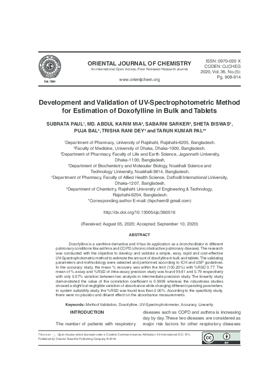 (PDF) Development and Validation of UV-Spectrophotometric Method for Estimation of Doxofylline ...