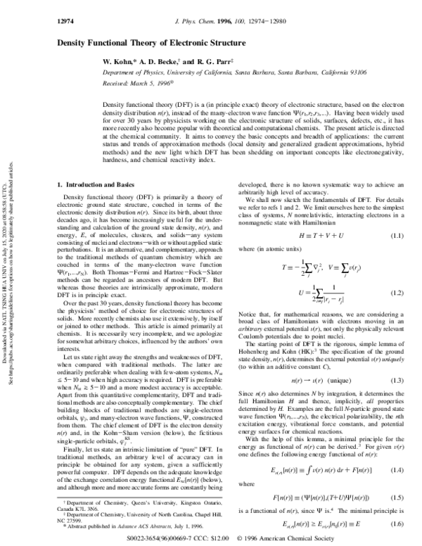 Pdf Density Functional Theory Of Electronic Structure