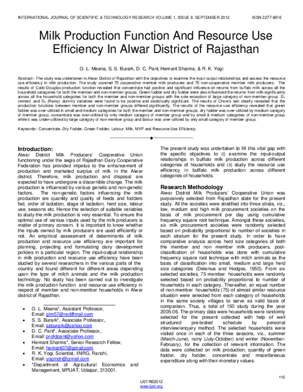 (PDF) Milk Production Function And Resource Use Efficiency In Alwar ...