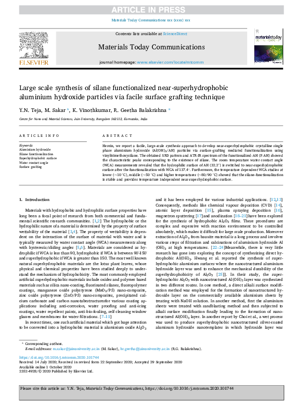 (PDF) Materials Today Communications xxx (xxxx) xxx Large scale synthesis of silane ...