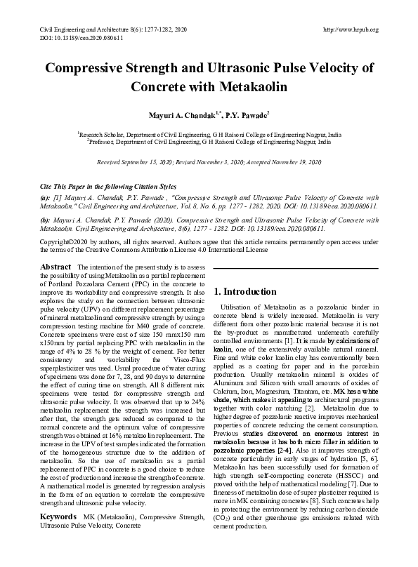 (PDF) Compressive Strength and Ultrasonic Pulse Velocity of Concrete with Metakaolin
