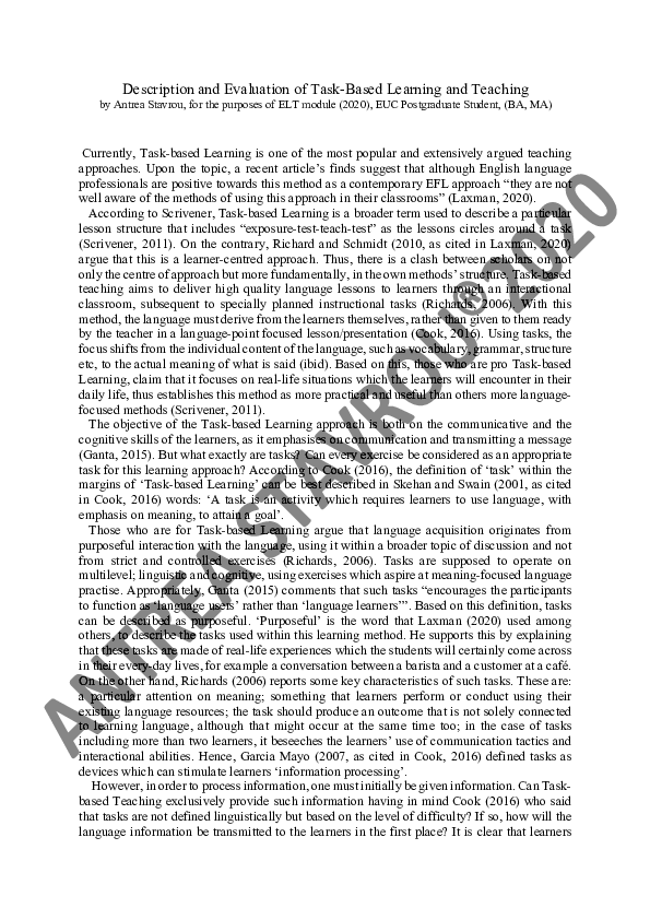 (PDF) Description and Evaluation of Task-Based Learning and Teaching