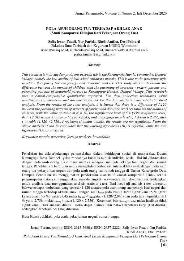(PDF) POLA ASUH ORANG TUA TERHADAP AKHLAK ANAK (Studi Komparasi Ditinjau Dari Pekerjaan Orang Tua)