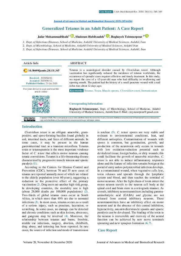 (PDF) Generalized Tetanus in an Adult Patient: A Case Report