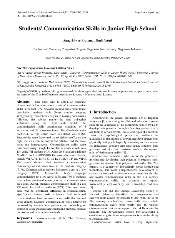 (PDF) Students' Communication Skills in Junior High School