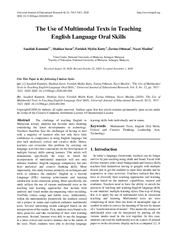 (PDF) The Use of Multimodal Texts in Teaching English Language Oral Skills