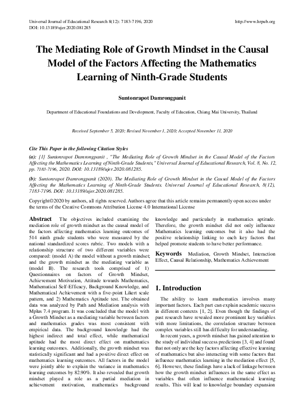 (PDF) The Mediating Role of Growth Mindset in the Causal Model of the Factors Affecting the ...