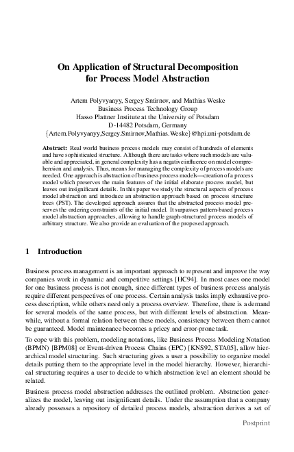 Pdf On Application Of Structural Decomposition For Process Model Abstraction