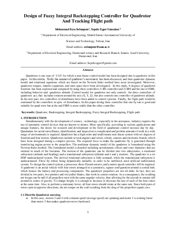 (PDF) Design of Fuzzy Integral Backstepping Controller for Quadrotor And Tracking Flight path
