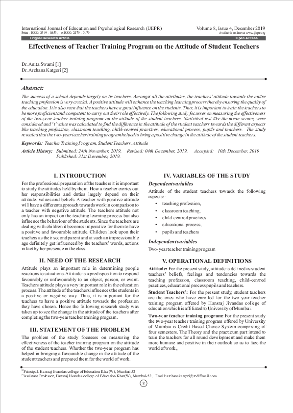 (PDF) Effectiveness of Teacher Training Program on the Attitude of ...