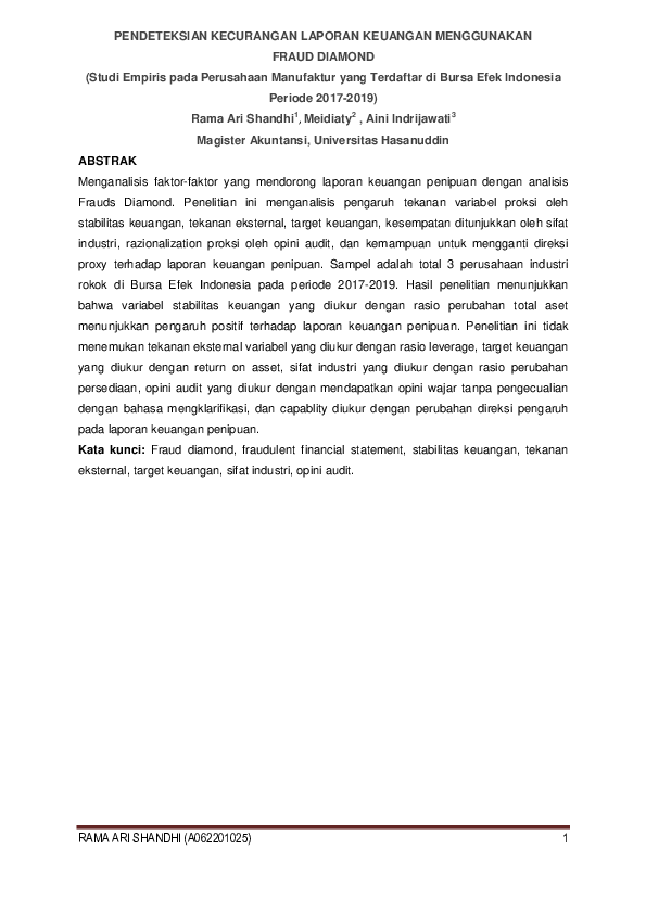 Pdf Pendeteksian Kecurangan Laporan Keuangan Menggunakan Fraud Diamond