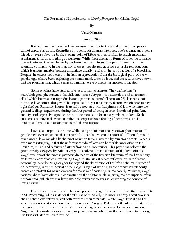(DOC) The Portrayal of Lovesickness in Nevsky Prospect by Nikolai Gogol