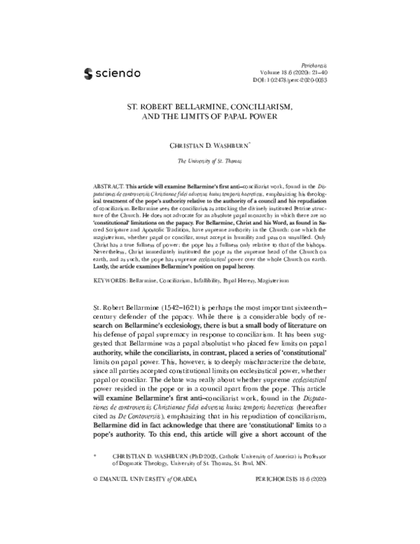 (PDF) St. Robert Bellarmine, Conciliarism, and the Limits of Papal Power