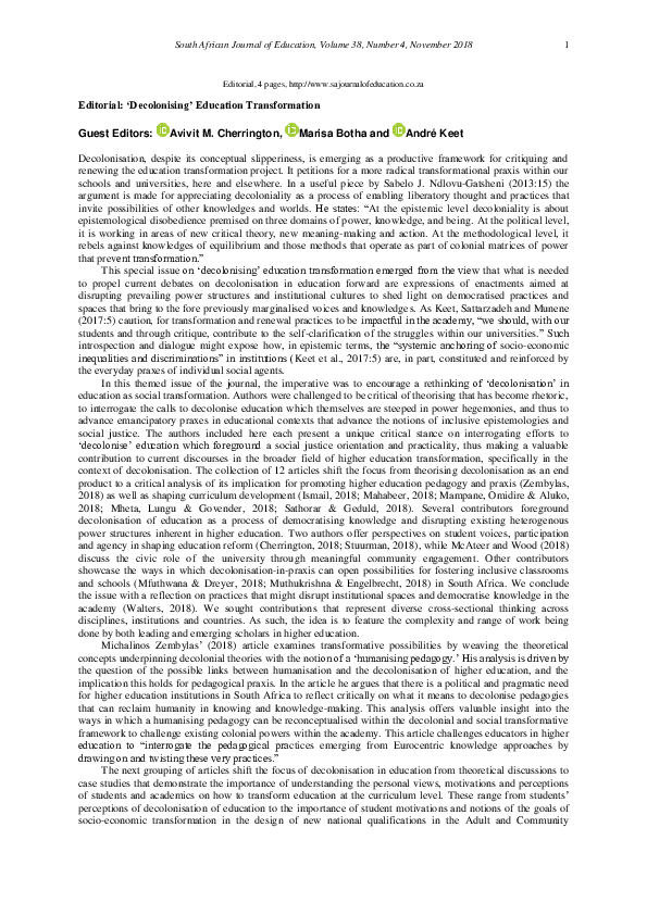 (PDF) Editorial: 'Decolonising' Education Transformation