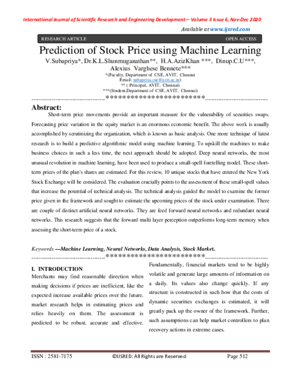 (PDF) Prediction of Stock Price using Machine Learning