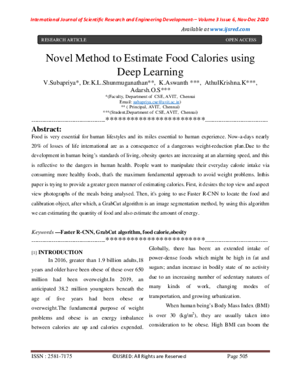(PDF) Novel Method to Estimate Food Calories using Deep Learning