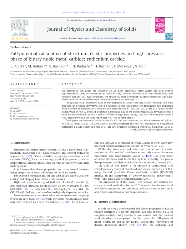(PDF) Full potential calculation of structural, elastic properties and ...