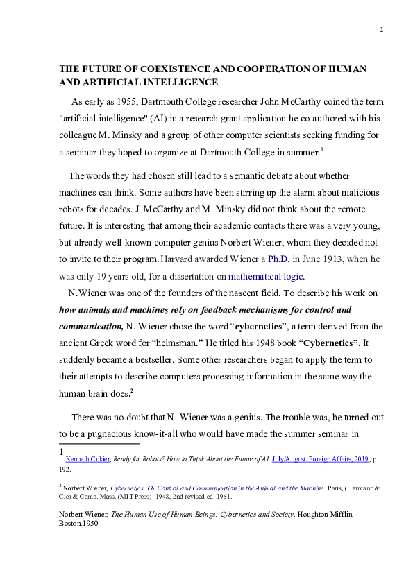 (DOC) THE FUTURE OF COEXISTENCE AND COOPERATION OF HUMAN AND ARTIFICIAL ...