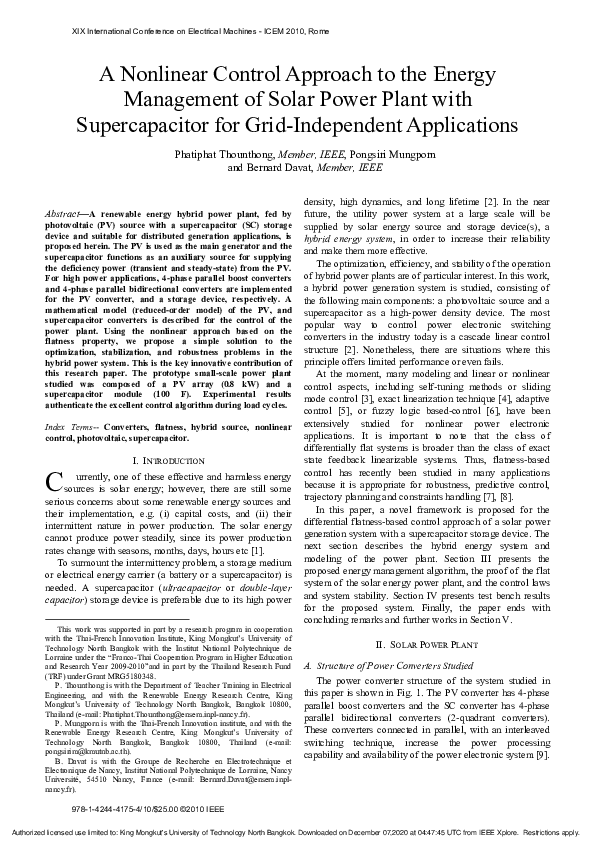 Pdf A Nonlinear Control Approach To The Energy Management Of Solar Power Plant With