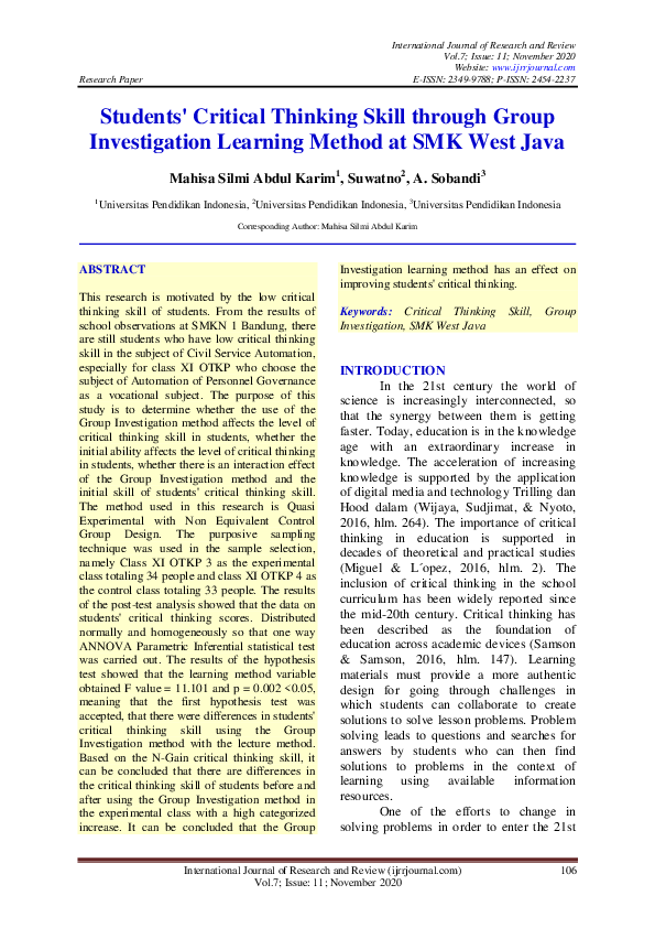 (PDF) Students' Critical Thinking Skill through Group Investigation ...