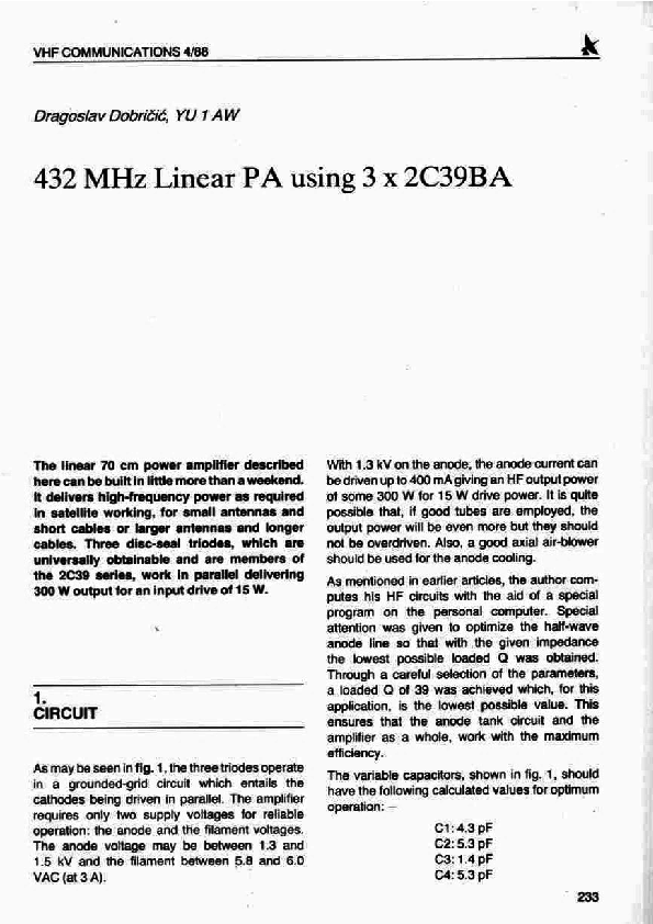 (PDF) Three tube 2C39BA Power Amplifier for 432 MHz