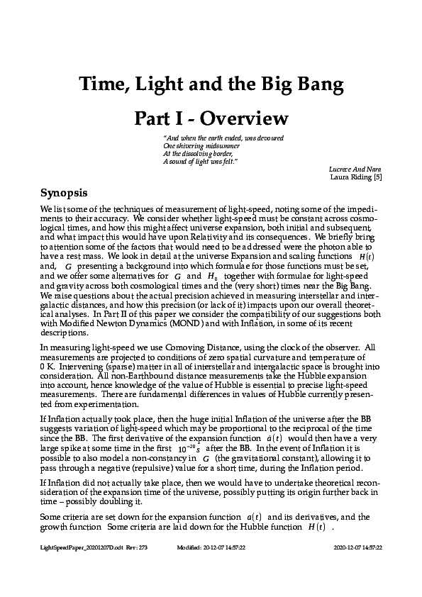 (PDF) Time, Light and the Big Bang Part I -Overview