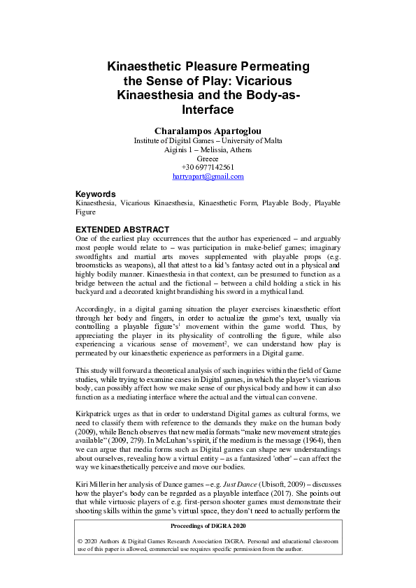 (PDF) Kinaesthetic Pleasure Permeating the Sense of Play: Vicarious ...