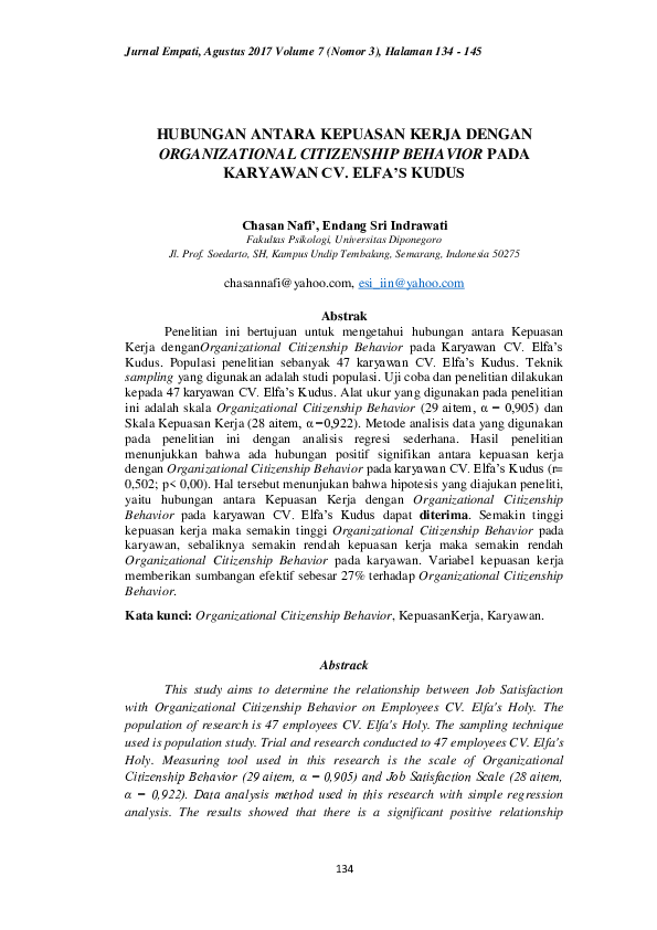 (PDF) HUBUNGAN ANTARA KEPUASAN KERJA DENGAN ORGANIZATIONAL CITIZENSHIP BEHAVIOR PADA KARYAWAN CV ...