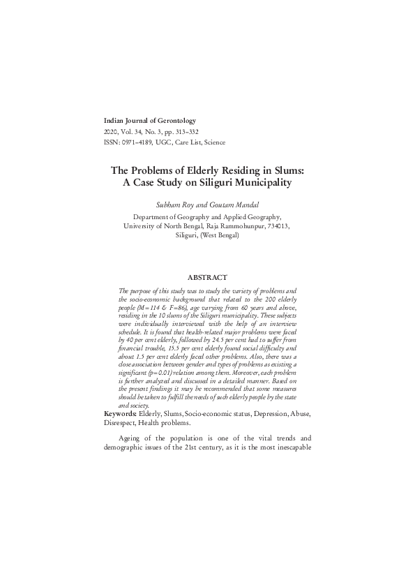 (PDF) The Problems of Elderly Residing in Slums: A Case Study on Siliguri Municipality | Goutam ...