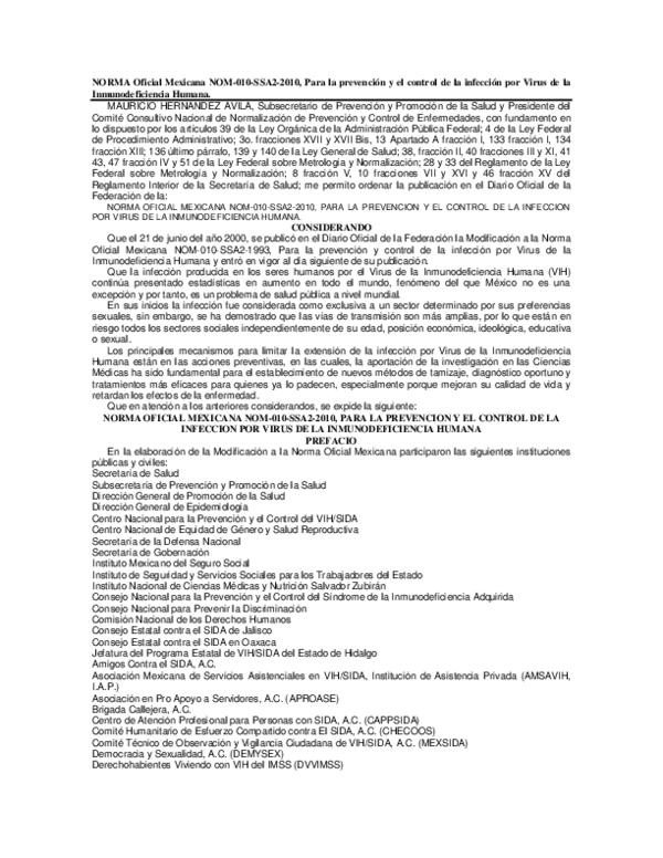 (PDF) NORMA Oficial Mexicana NOM-010-SSA2-2010, Para la prevención y el ...