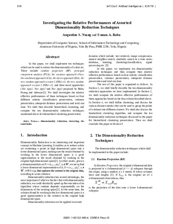 (PDF) Investigating the Relative Performances of Assorted Dimensionality Reduction Techniques