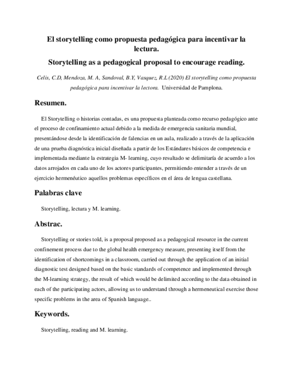 (PDF) El storytelling una propuesta pedagógica para incentivar la lectura. Storytelling a ...