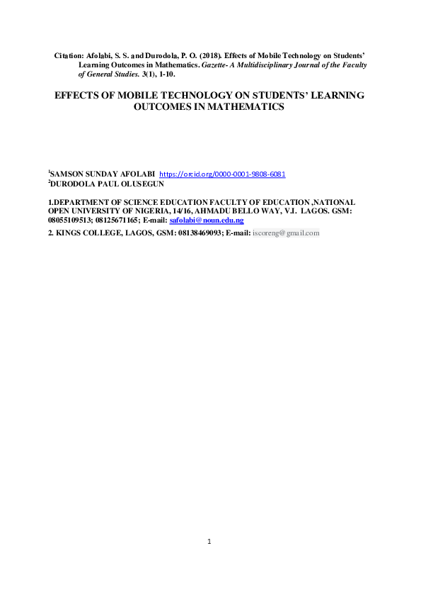 (PDF) EFFECTS OF MOBILE TECHNOLOGY ON STUDENTS' LEARNING OUTCOMES IN ...