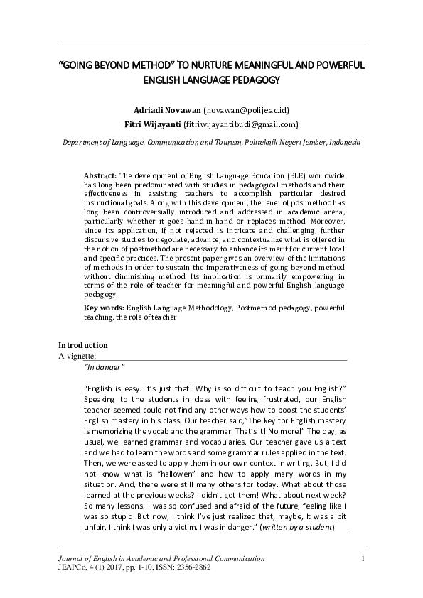 (PDF) "GOING BEYOND METHOD" TO NURTURE MEANINGFUL AND POWERFUL ENGLISH LANGUAGE PEDAGOGY