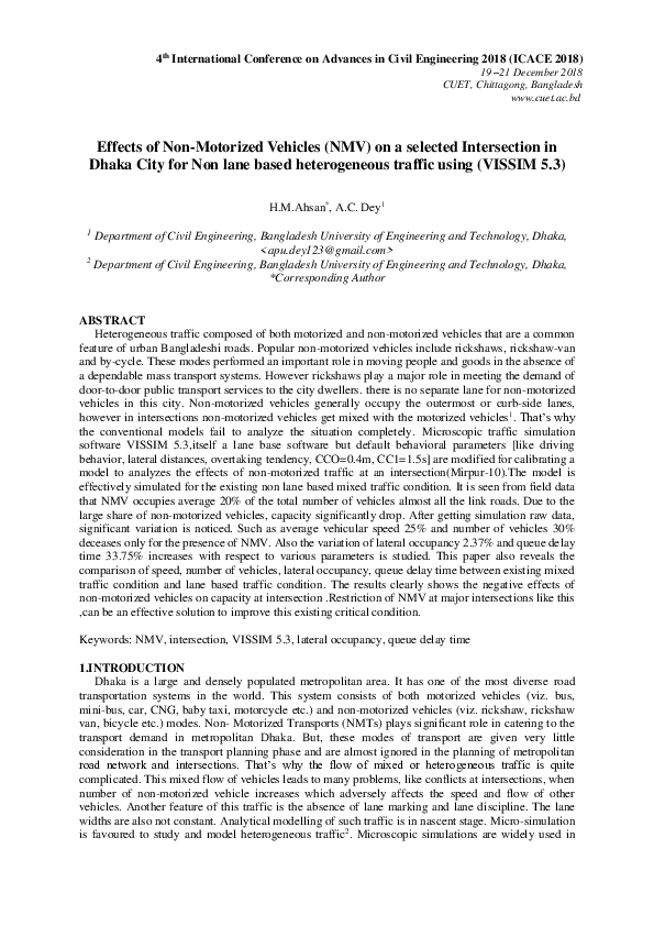 (PDF) Effects of Non-Motorized Vehicles (NMV) on a selected ...