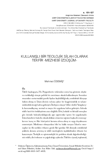 (PDF) KULLANIŞLI BİR TEOLOJİK SİLAH OLARAK TEKFİR -MEZHEBÎ İZDÜŞÜM