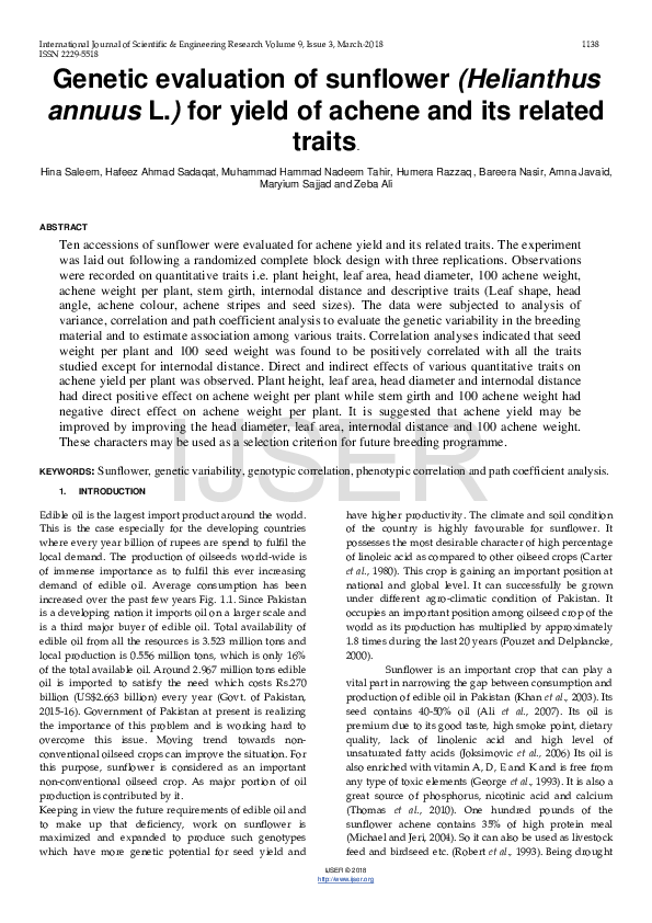 (PDF) Genetic evaluation of sunflower (Helianthus annuus L.) for yield ...