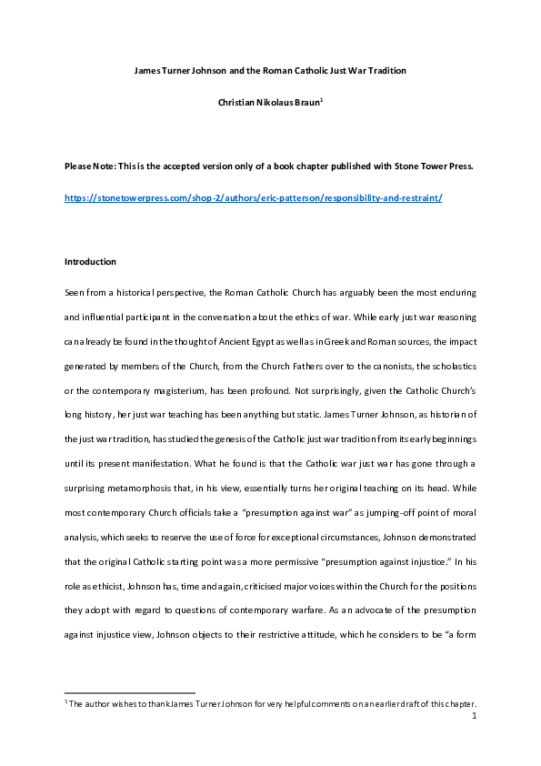 (PDF) James Turner Johnson and the Roman Catholic Just War Tradition