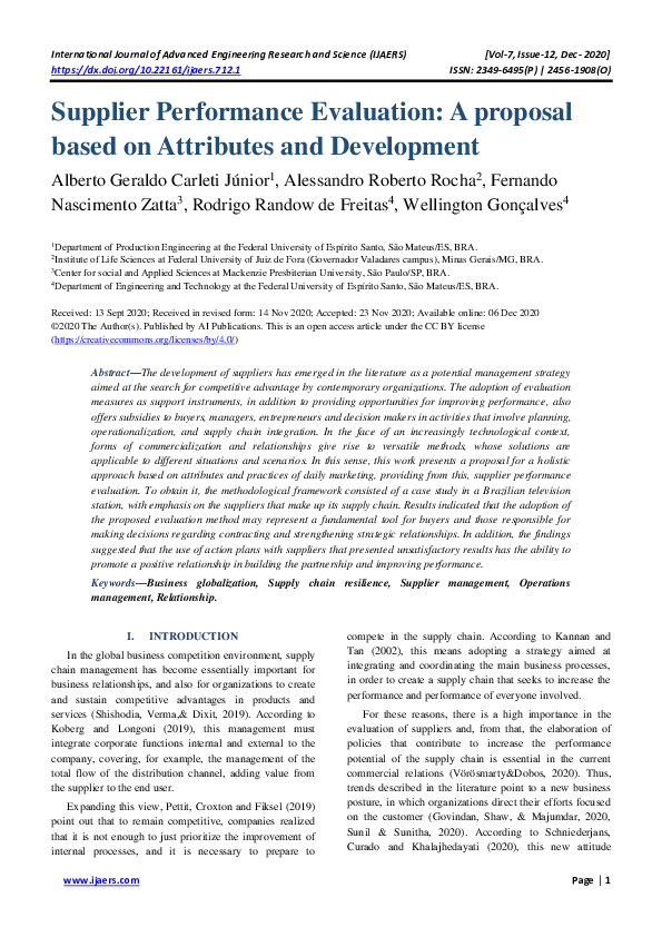 (PDF) Supplier Performance Evaluation: A proposal based on Attributes ...