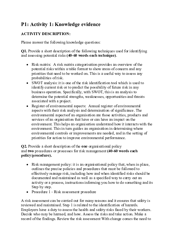 (DOC) P1: Activity 1: Knowledge evidence