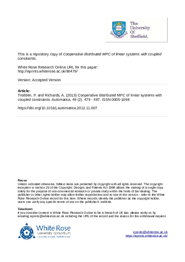 (PDF) Cooperative distributed MPC of linear systems with coupled constraints