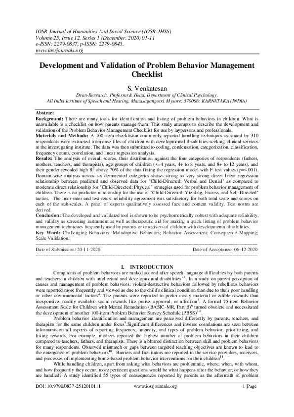 (PDF) Development and Validation of Problem Behavior Management Checklist