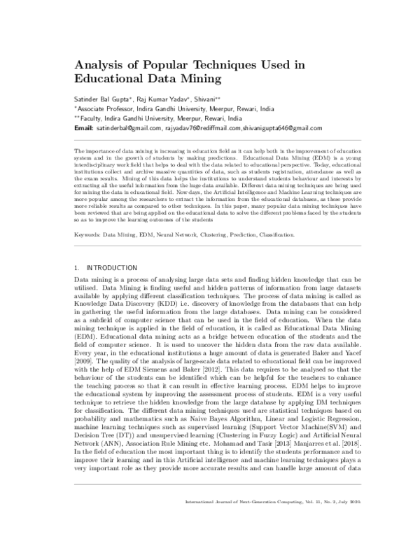 (PDF) Analysis of Popular Techniques Used in Educational Data Mining