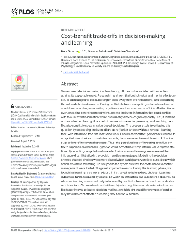 (PDF) Cost-benefit trade-offs in decision-making and learning