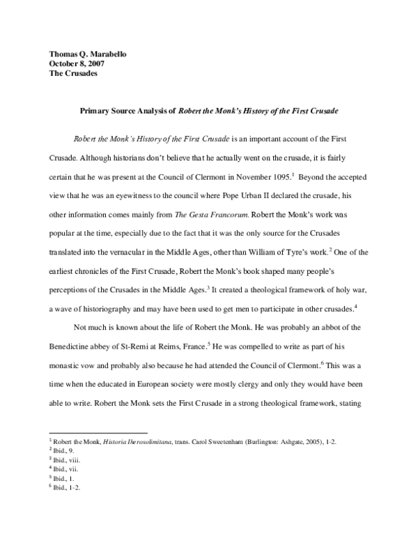 (PDF) Analysis of Robert the Monk's History of the First Crusade
