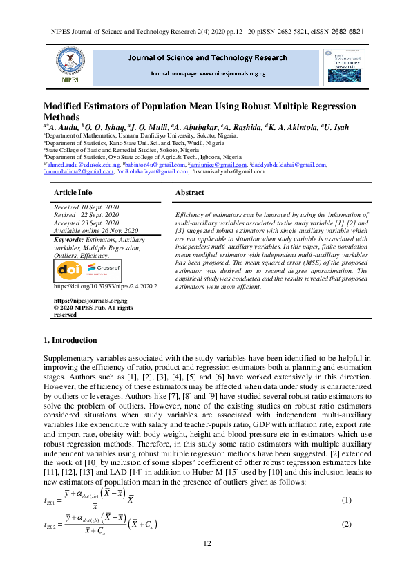 (PDF) Modified Estimators of Population Mean Using Robust Multiple ... (PDF) Modified Estimators of Population Mean Using Robust Multiple ...