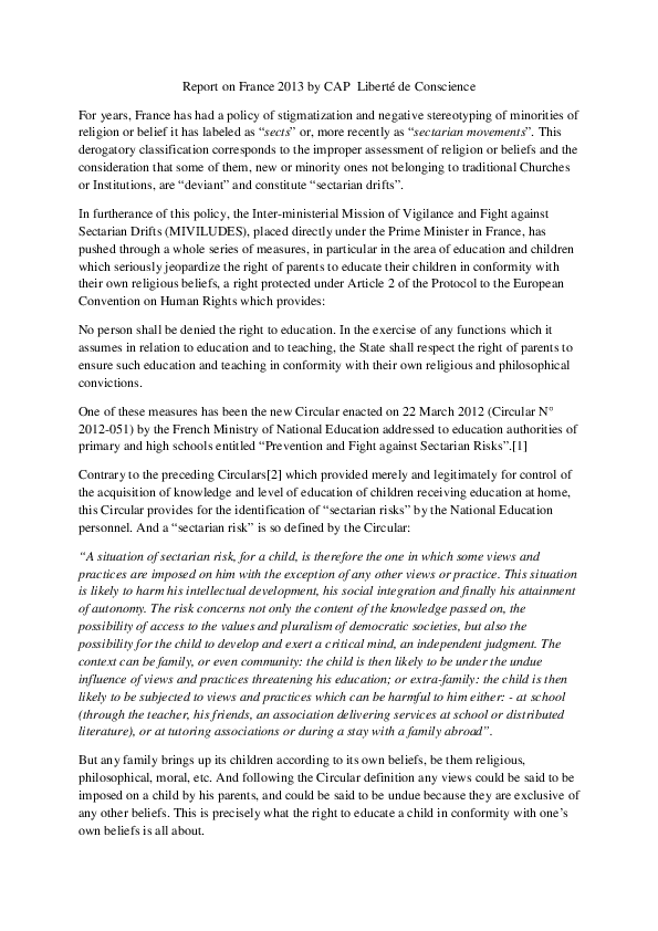 (PDF) Report on France 2013 by CAP Liberté de Conscience