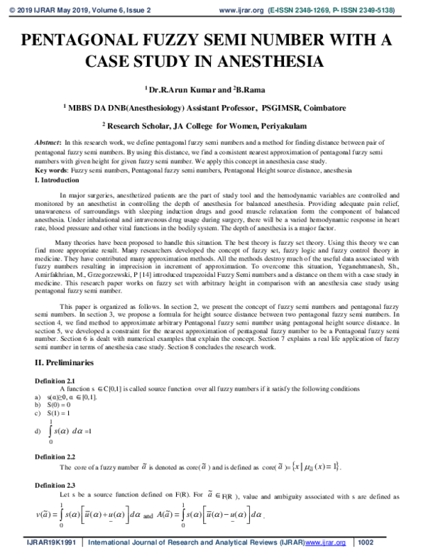 (PDF) Pentagonal Fuzzy Semi Number with a Case Study in Anaesthesia