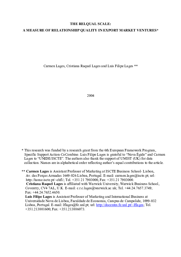 (PDF) The RELQUAL scale: a measure of relationship quality in export ...
