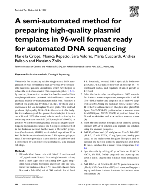 (PDF) Semi-Automated 96-Well Plasmid Preparation for DNA Sequencing
